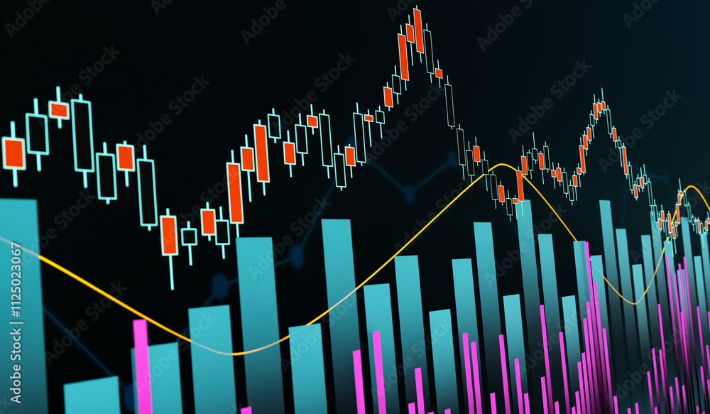 Blue and green bar graph, financial data and orange candle stick chart. Abstract stock exchange ...