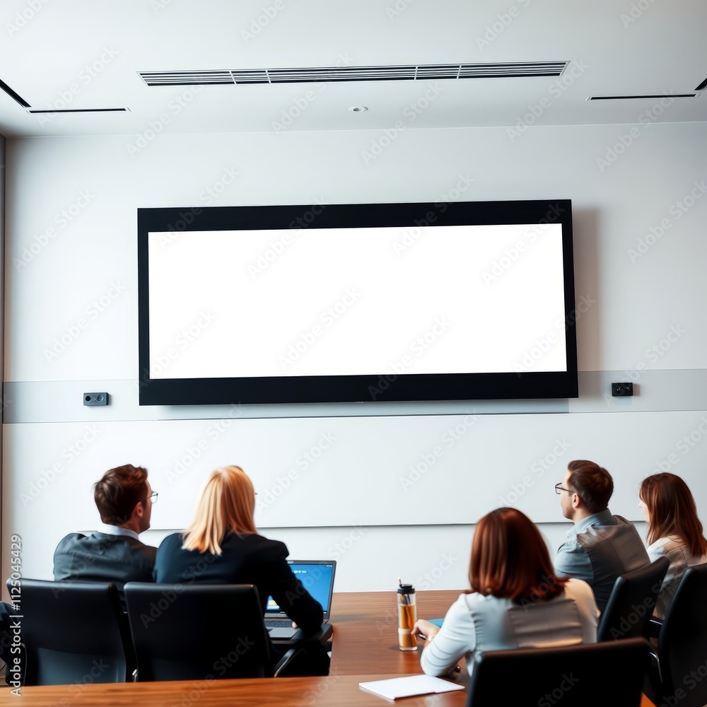 Corporate brainstorming around a blank panoramic tv screen perfect for ...