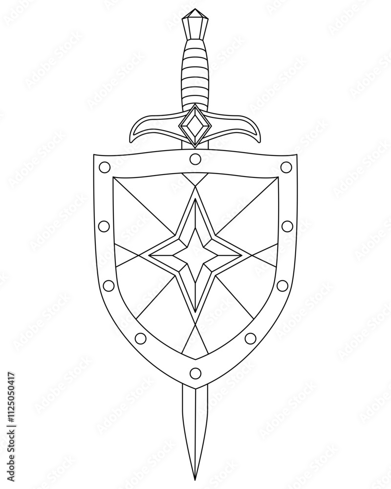 Sword and Shield with Star - vector line art image of weapons for ...