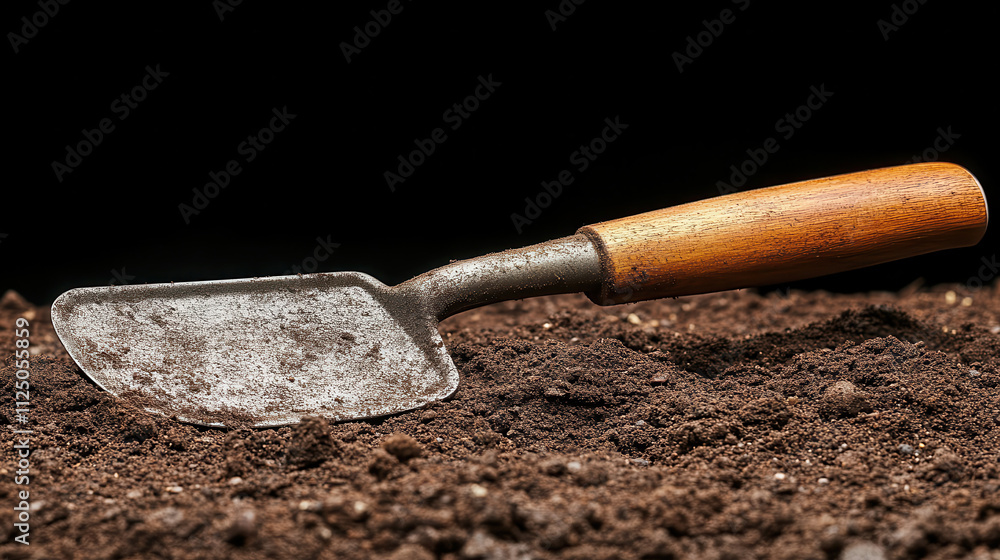 gardening trowel resting on rich, dark soil, perfect for planting and ...