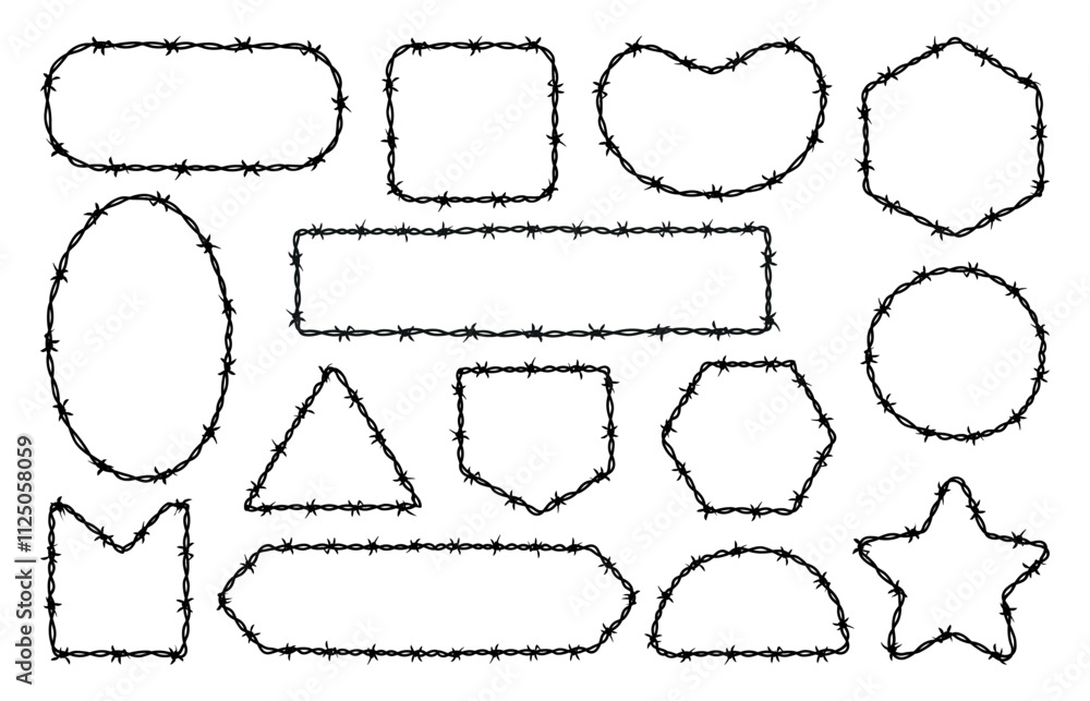 Barbed wire frames. Different barbwire borders shapes. Security, safety ...