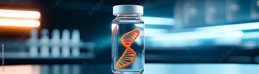 DNA model in a vial amid a futuristic laboratory setting, highlighting ...