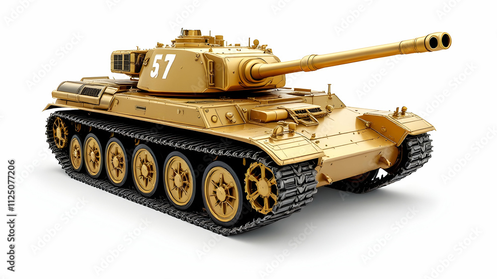 A goldpainted military tank, number 57, is shown in a three quarter ...
