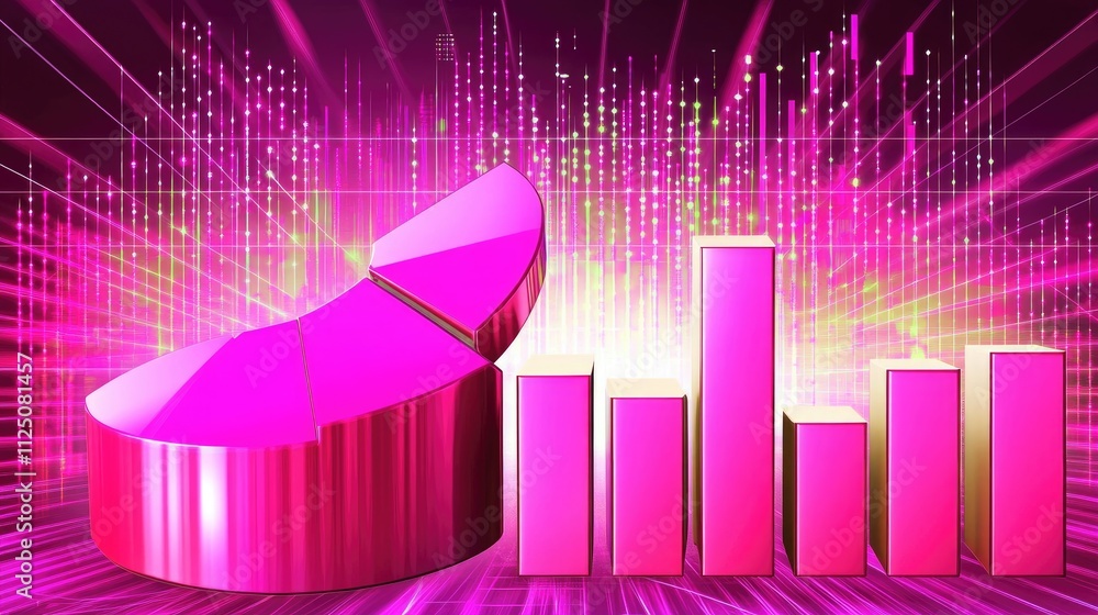 A futuristic 3D pie chart with metallic segments, spinning in mid-air ...