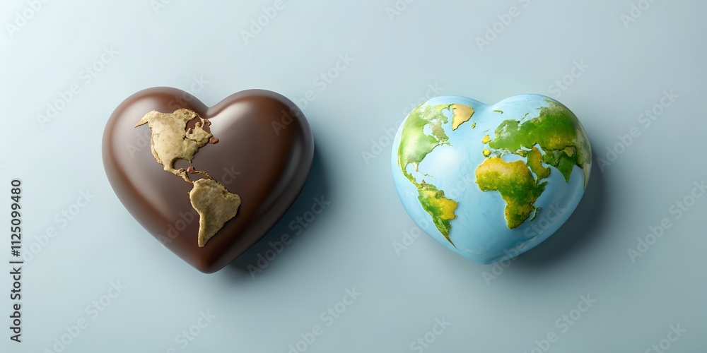 Chocolate heart with world map design next to blue heart representing ...