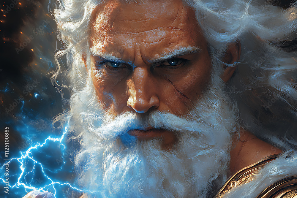 Zeus, the main Greek god, depicted with flowing white hair, holding ...