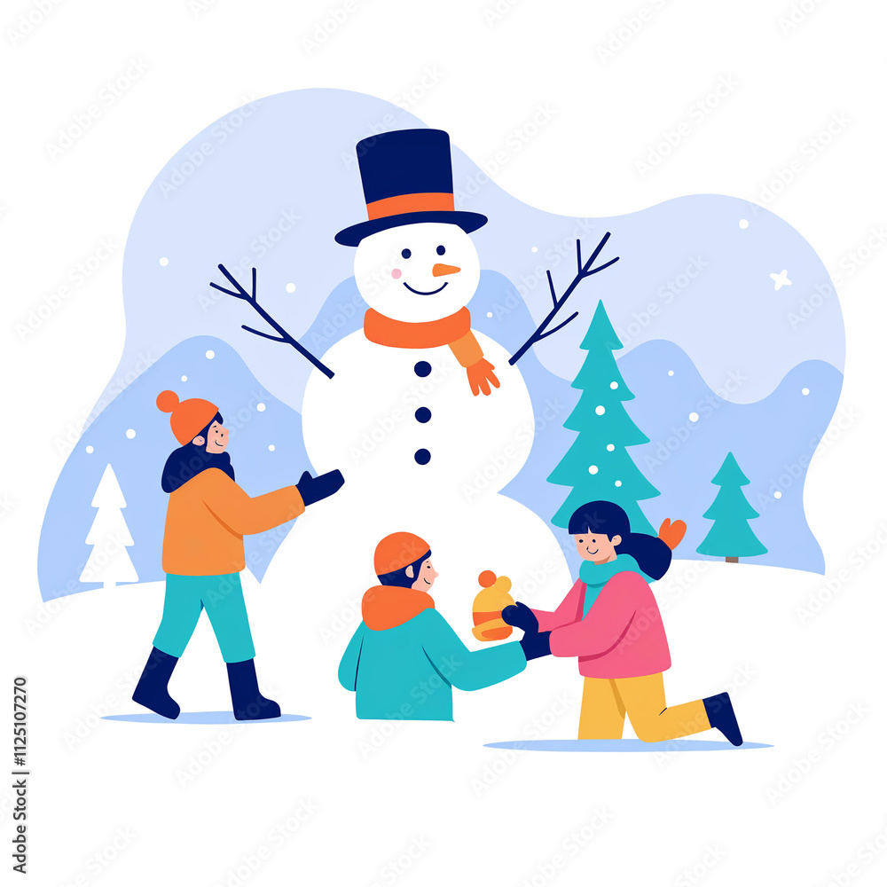 Snowman and children flat cartoon illustration. Kids playing to make a ...