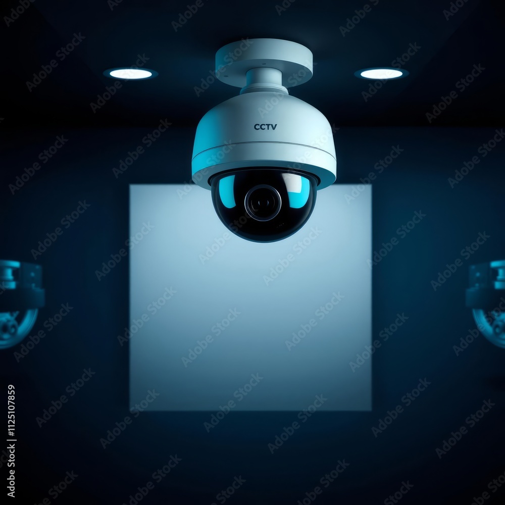 Security camera, dome surveillance, blue glow, futuristic, cyberpunk ...