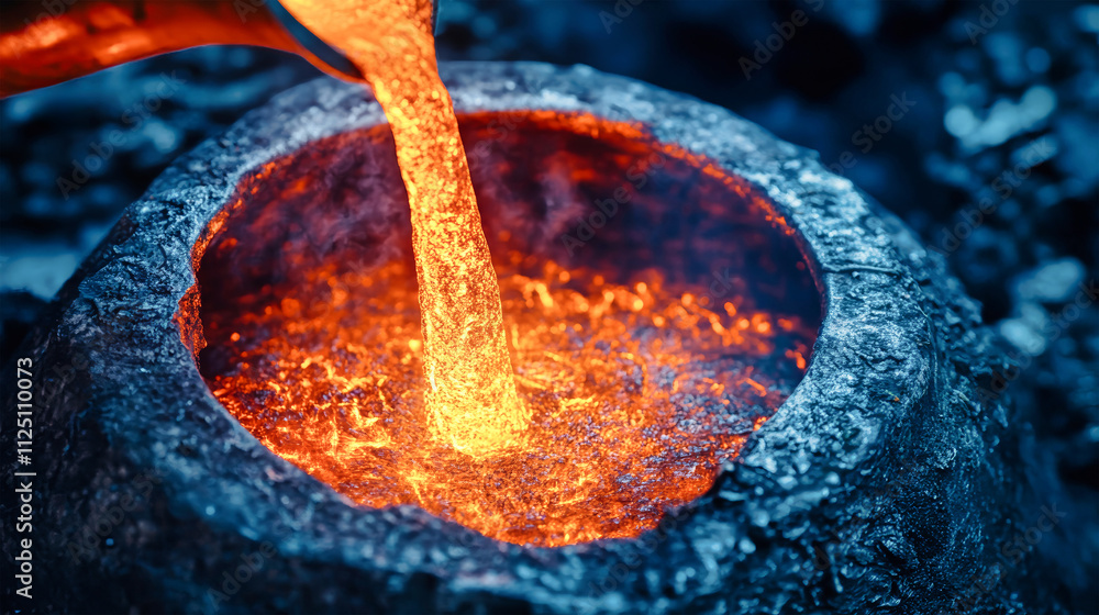 Molten metal flows seamlessly into a cauldron surrounded by atmospheric ...