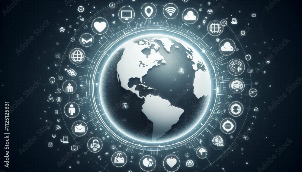 hologram of earth surrounded by pictograms Stock Illustration | Adobe Stock