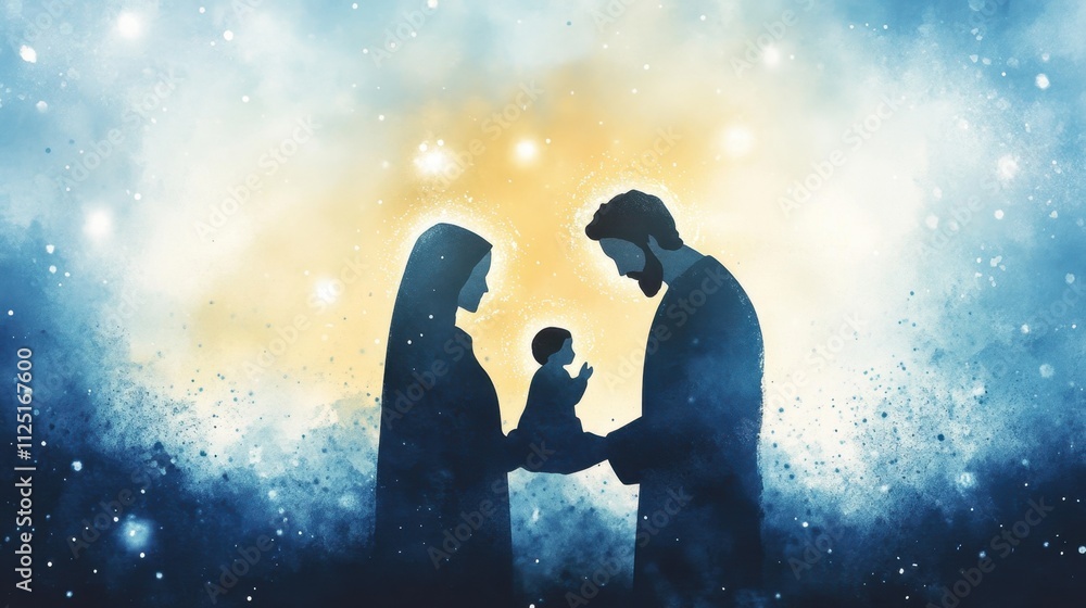 Radiant watercolor art of the Holy Family, glowing halos and realistic ...