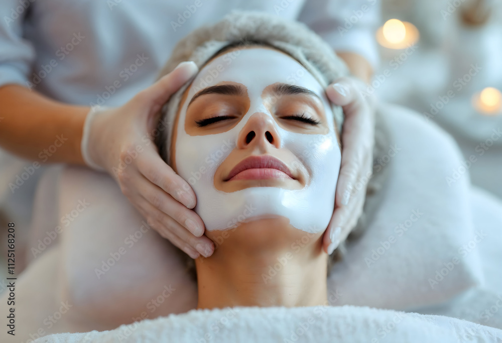 Esthetician applying an anti-aging facial mask treatment to a young ...