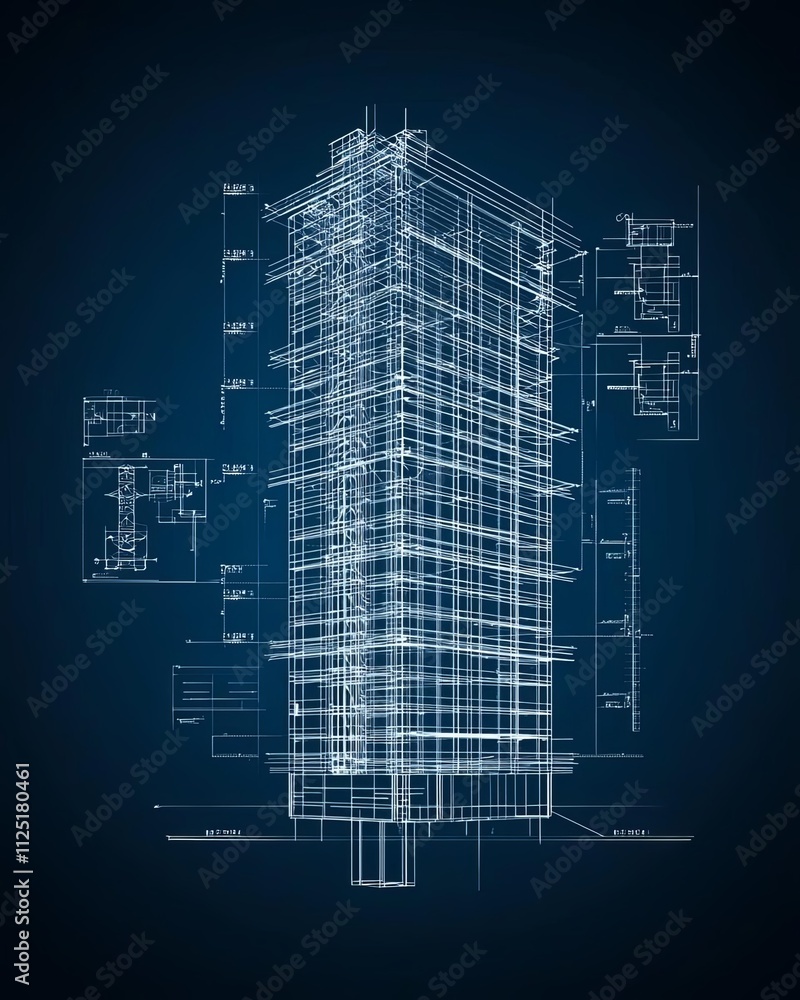 Architectural blueprint of a modern skyscraper on a dark background ...