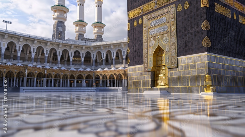 A detailed image of the Kaaba in Mecca, with the golden door ...