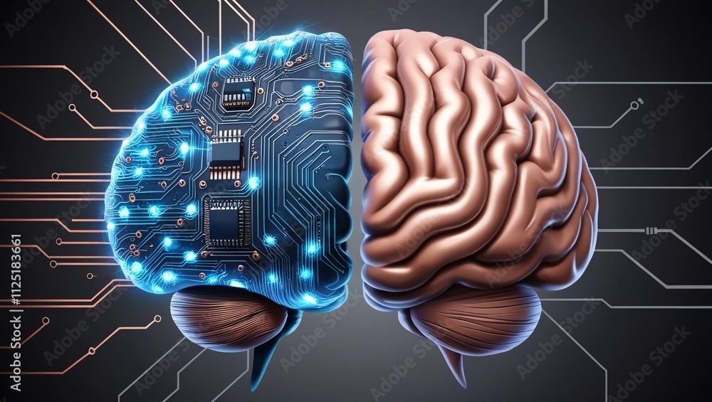 s a digital illustration featuring a stylized human brain, split into ...