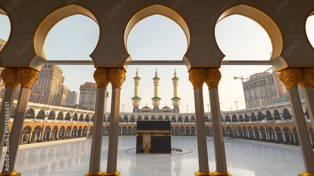 The Kaaba in Mecca, seen through the arches of the surrounding mosque ...