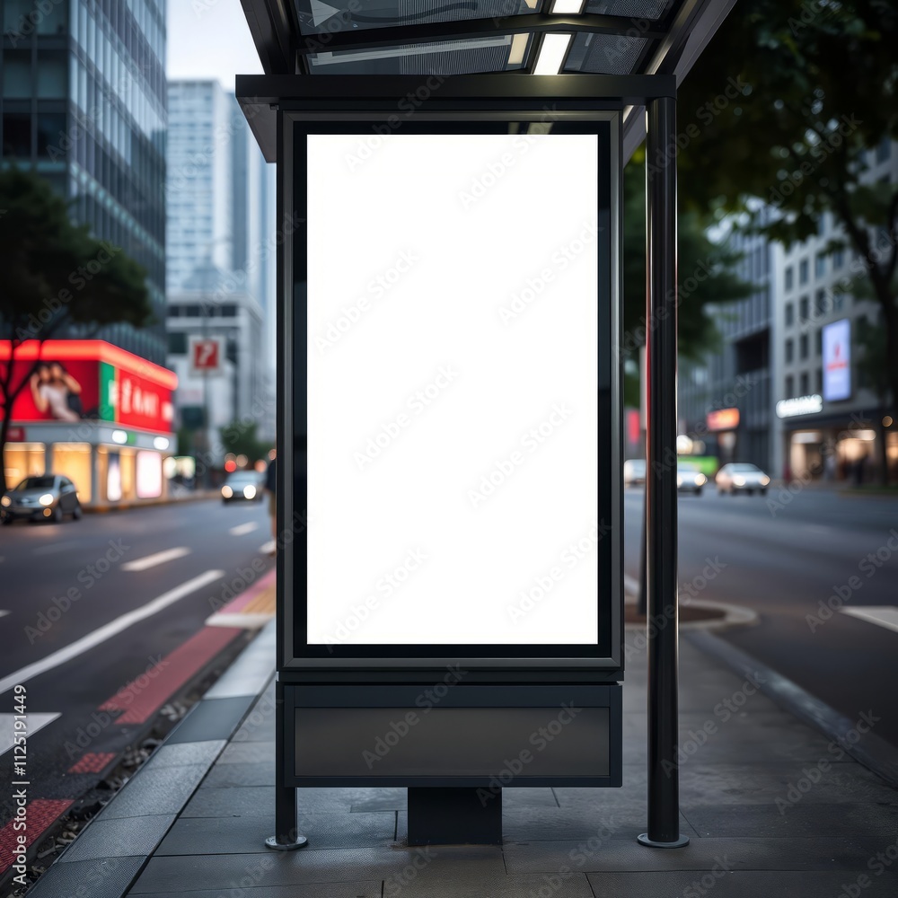 Urban streetscape, bus stop advertising display, blank white billboard ...