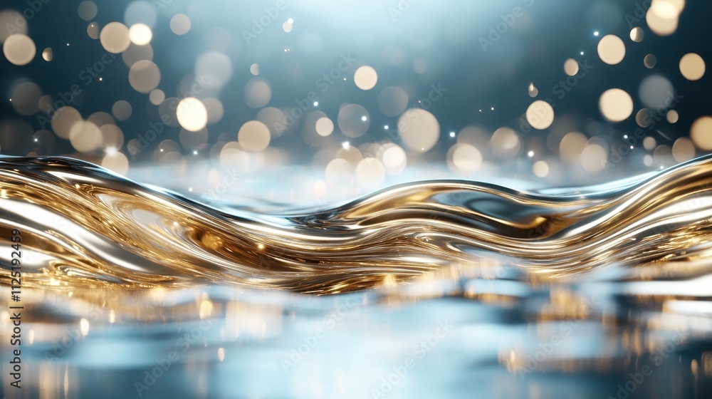 Flowing golden liquid forms waves with floating bubbles, creating an ...