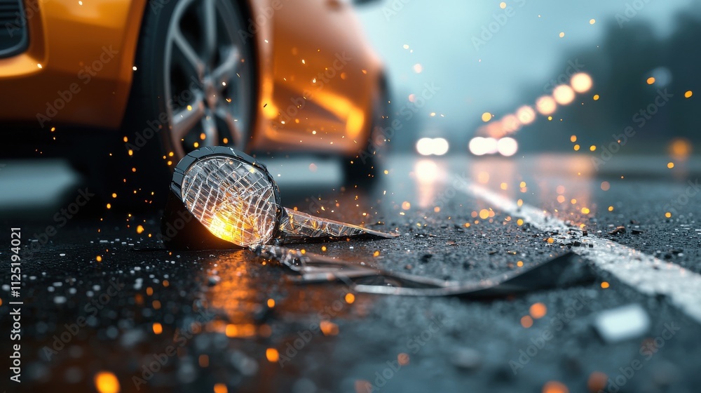 Dramatic car crash scene urban road photo rainy night low angle ...