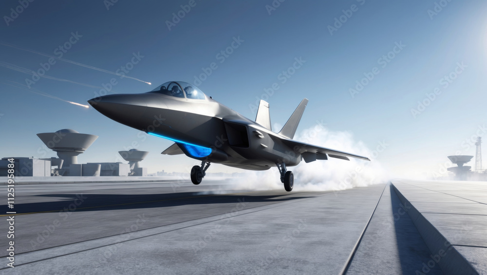 Advanced stealth fighter jet takes off at a military airbase Stock ...