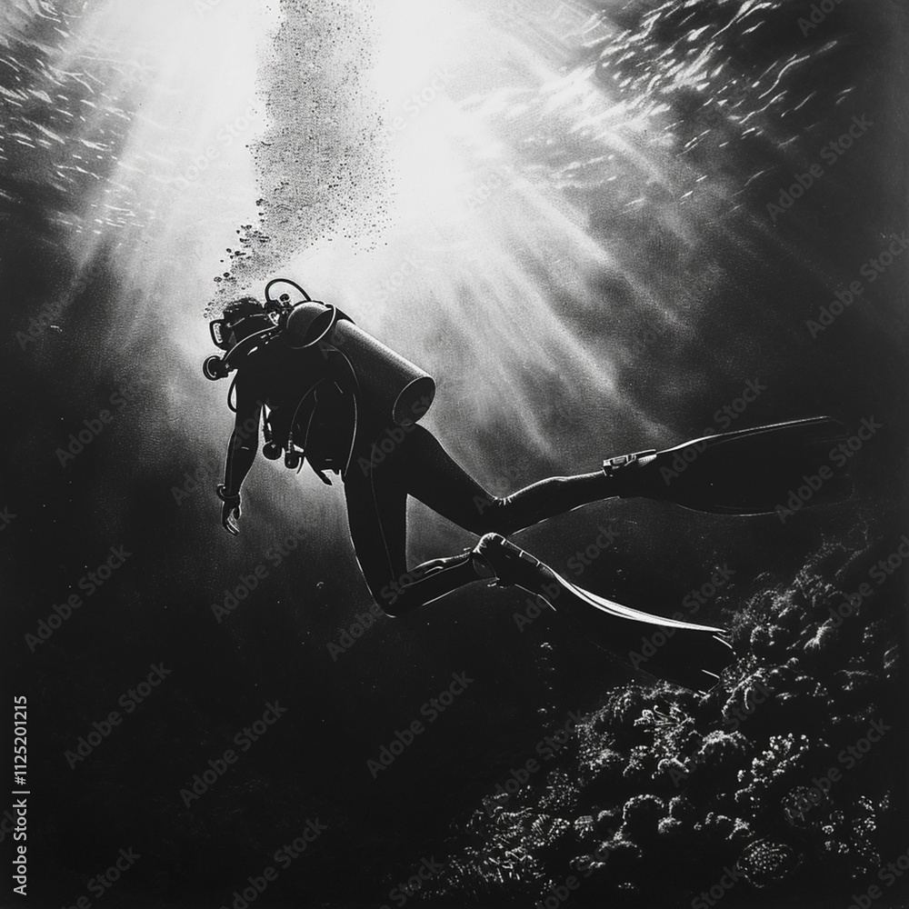 black and white high contrast pencil art of an female figure scuba ...