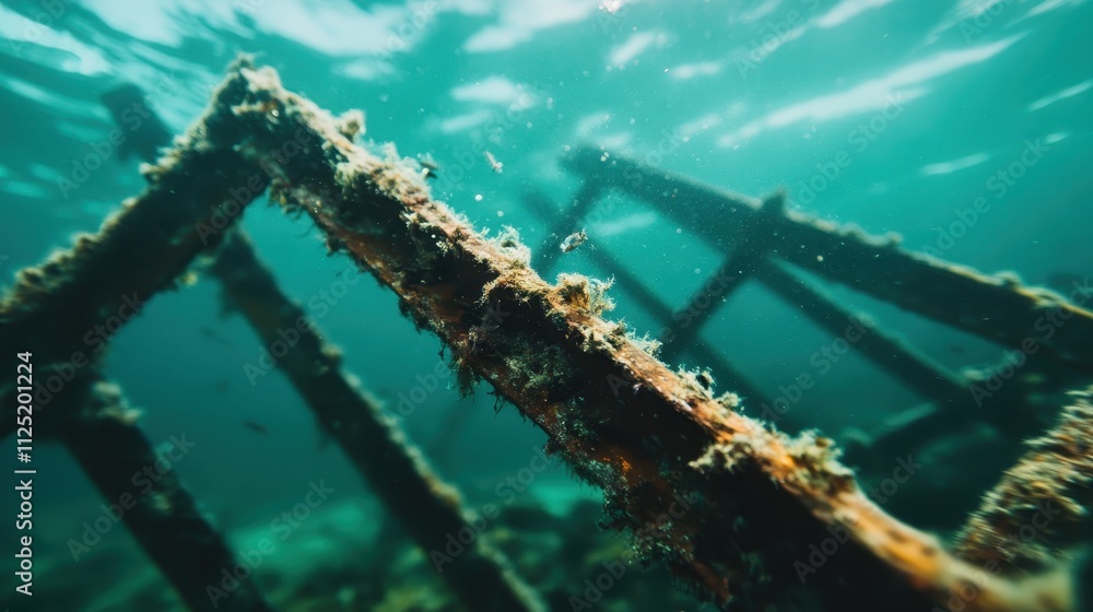 An underwater view of a metal structure covered in marine growth ...