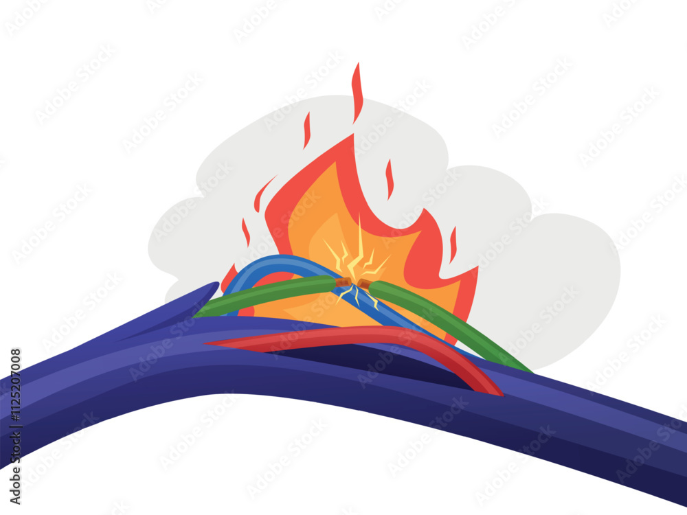 Short circuit background. Broken damaged copper wire with fire flame ...