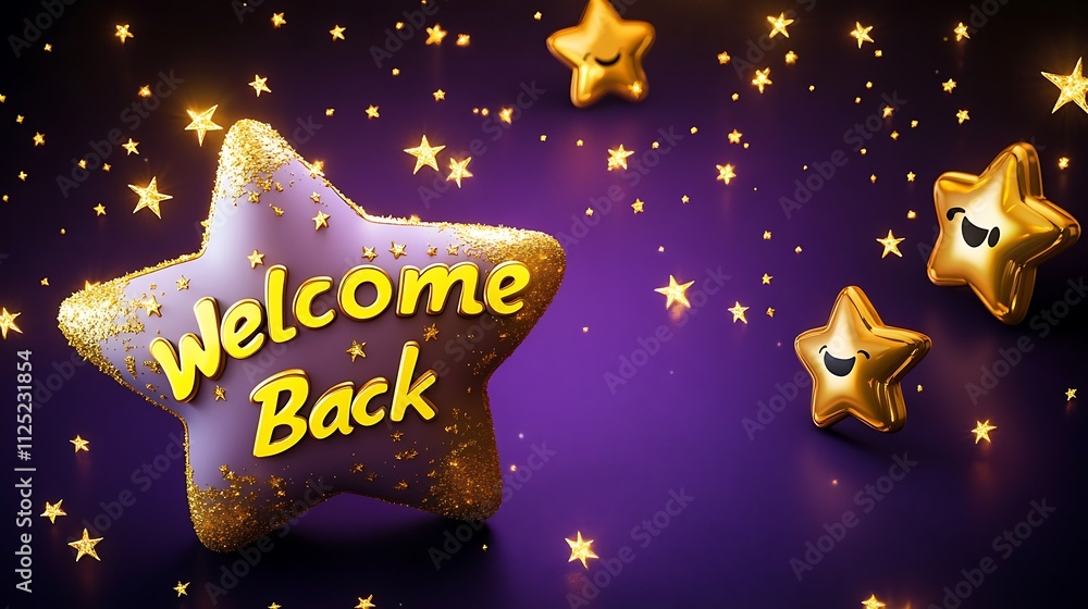 3D star-struck emoji with bright gold stars, "Welcome Back" in bold ...