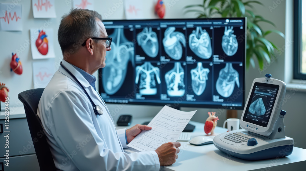 Cardiology doctor reviews cardiac ultrasound images and EKG graphs in a ...