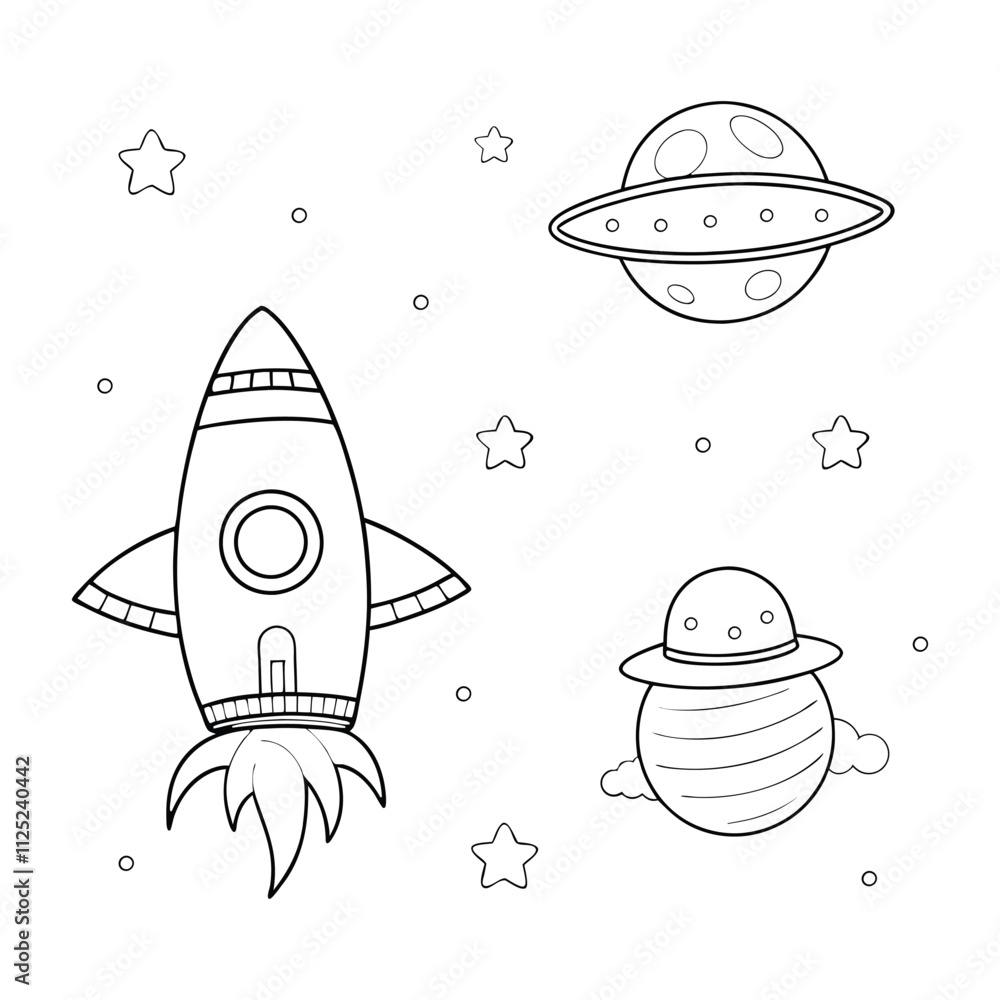 rocket and ufo in space coloring page for kids Stock Vector | Adobe Stock