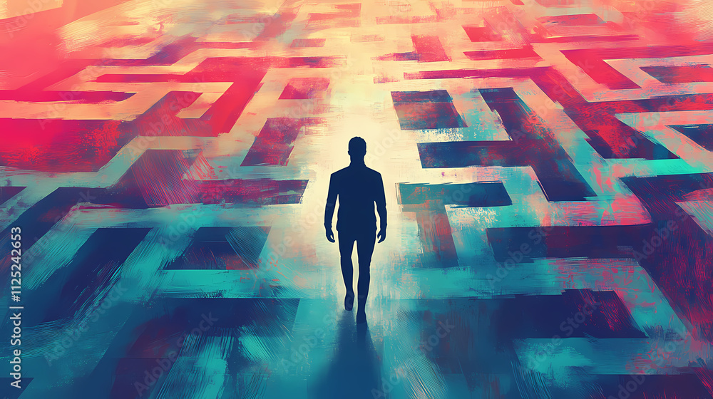 Person wanders in labyrinth of his consciousness. man silhouette in ...