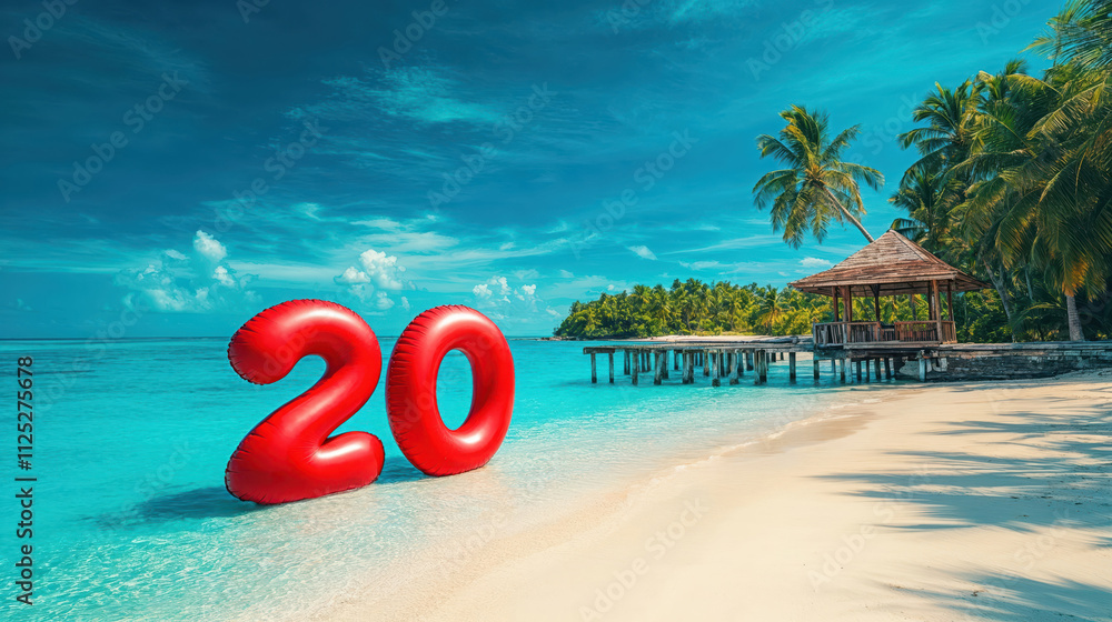 Red inflatable number 20 floating near a tropical beach celebrating a ...