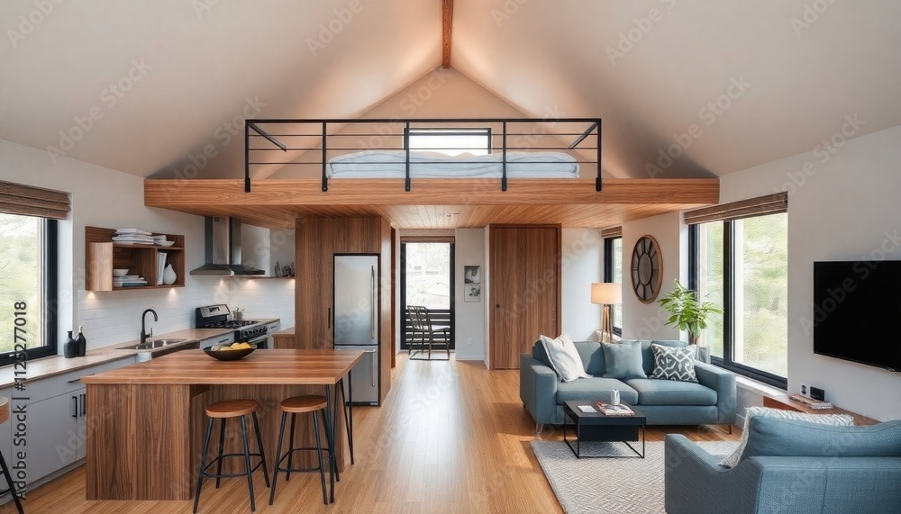 Loft house loft bed design with kitchen and living room featuring a ...