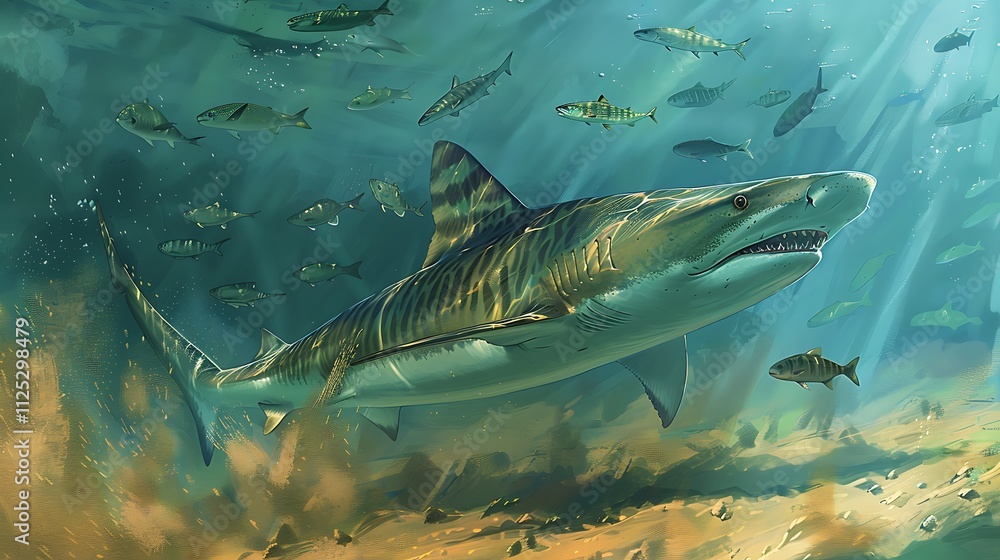 "A dramatic underwater scene showing a group of fish scattering in fear ...