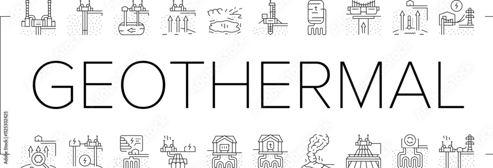 geothermal energy power plant icons set vector. green generator, heat ...