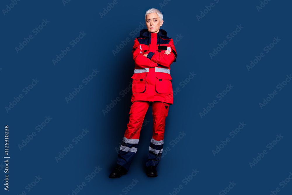 Full body photo of nice senior woman crossed hands wear uniform ...