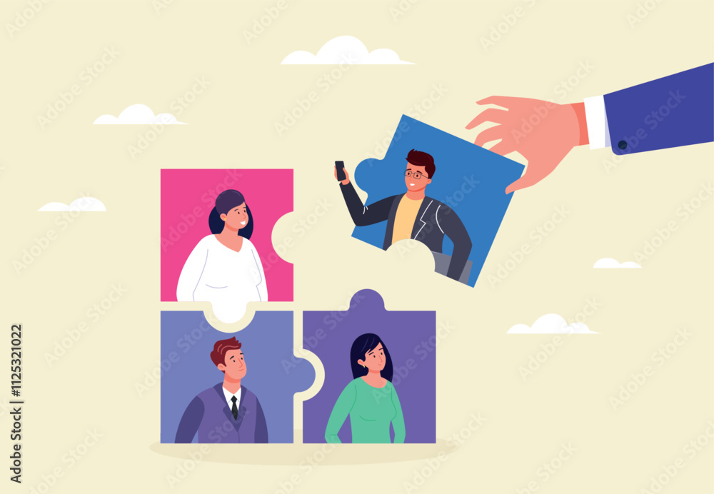 New employee puzzle. HR manager businessman leader hand join connect ...