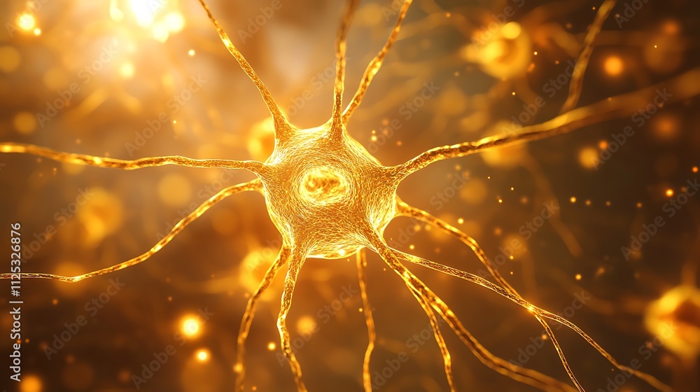 Microscopic view of a glowing neuron cell with connecting axons and ...