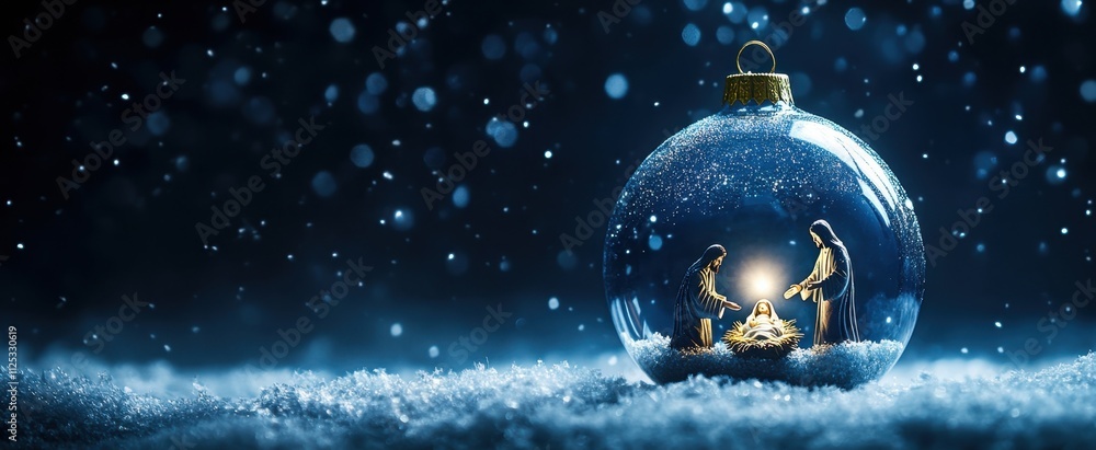 A transparent glass Christmas ornament with the nativity scene of Jesus ...
