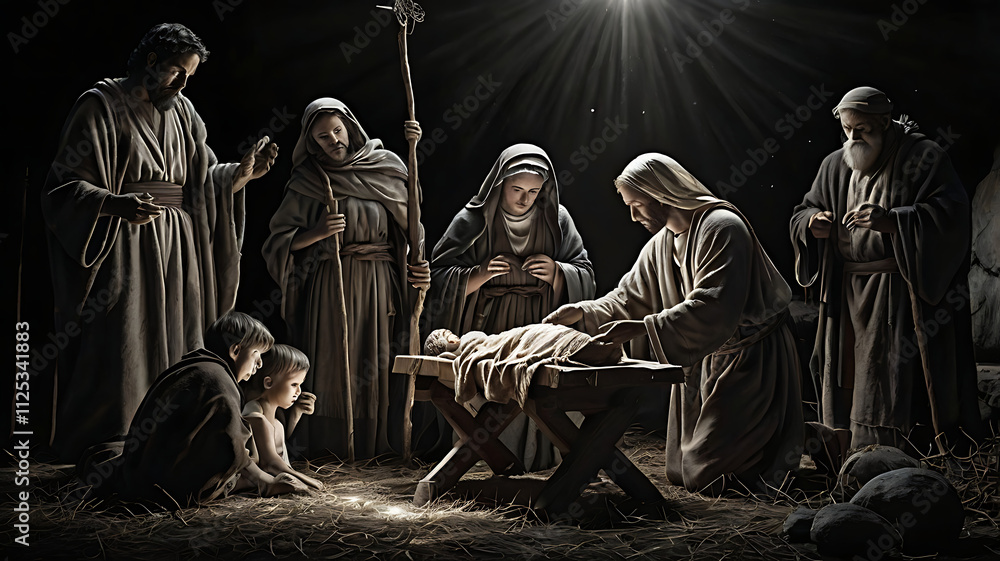 Nativity scene depicting the birth of Jesus Christ with Mary, Joseph, and shepherds. Stock Photo ...