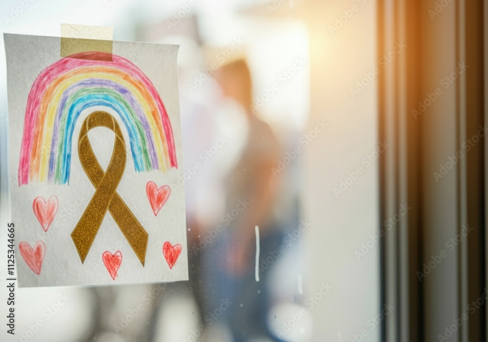 Gold ribbon, rainbow and hearts child's drawing representing childhood ...