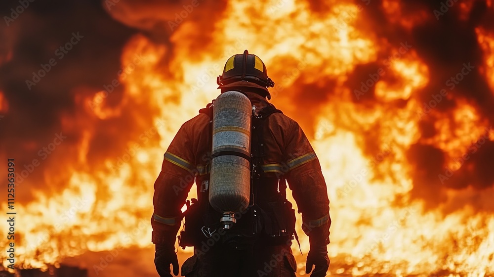 Firefighter standing in front of a massive fire, wearing full gear and ...
