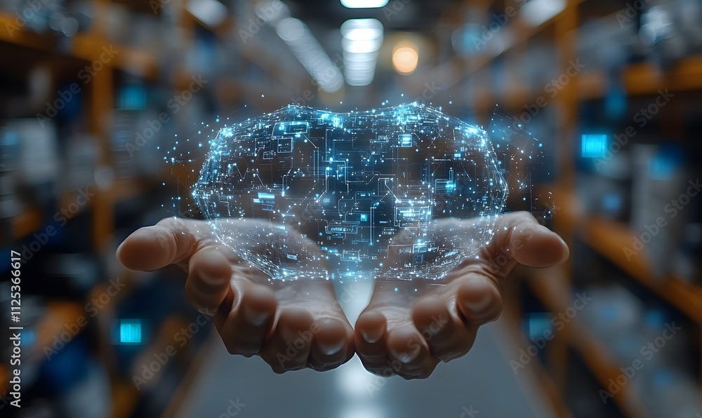 Businessmen hold virtual Supply chain icons by artificial intelligence technology for AI in ...