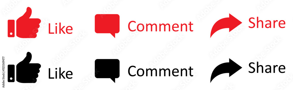 Like, Share and comment icons buttons set with black and red color ...