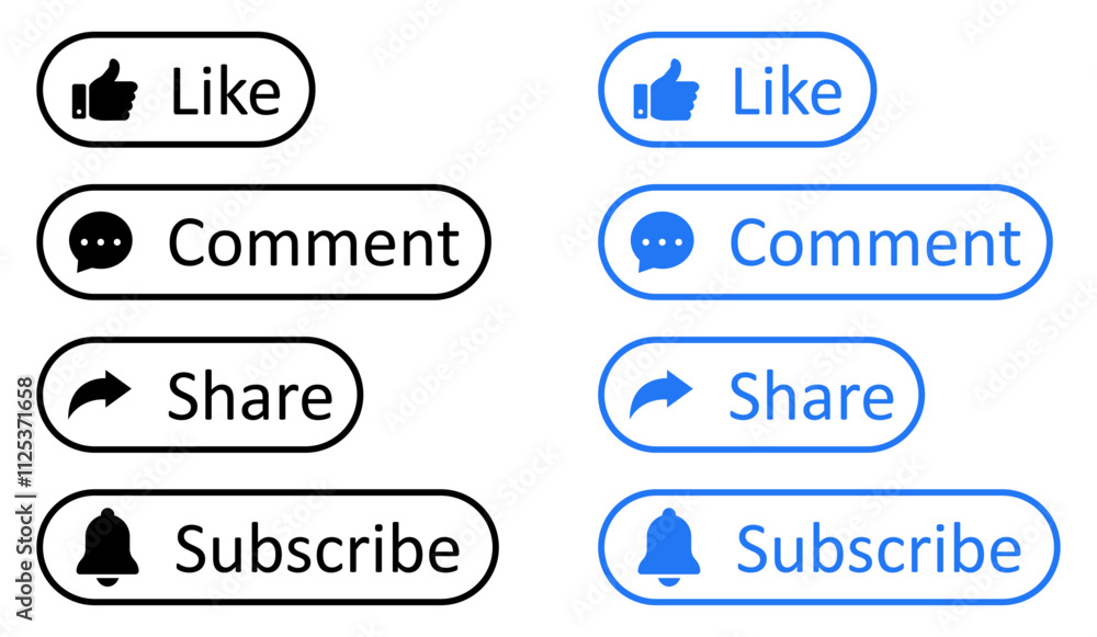 Like, Share, subscribe and comment icons buttons set with black and ...