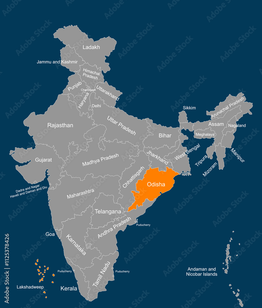 Detailed Political Map of India Highlighting Odisha State Stock ...