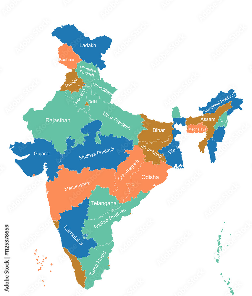 Detailed Political Map of India With State and Union Territories Labels ...