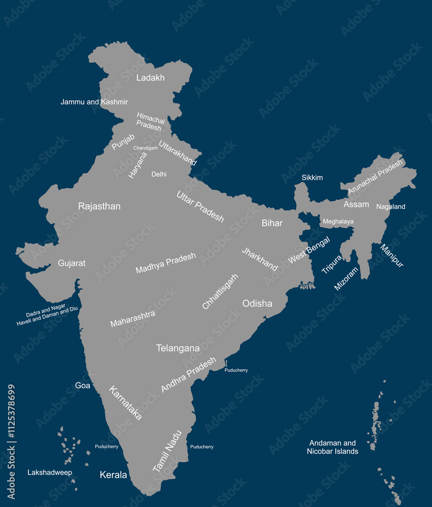 Detailed Political Map of India With State and Union Territories Labels ...