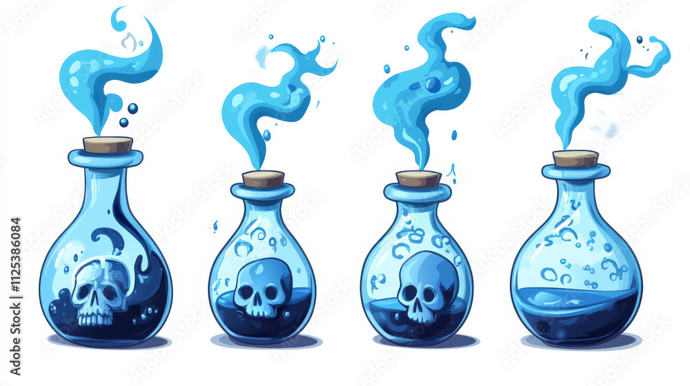 Bottle with blue magic potion and smoke for game animation. Sprite ...