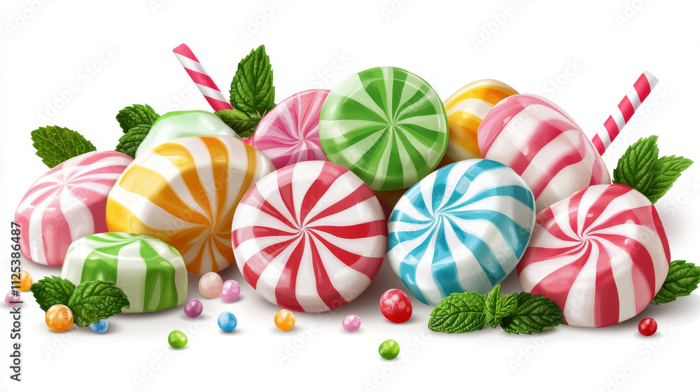 White chewing gums, mint candies for fresh breath. Piles of sweet ...